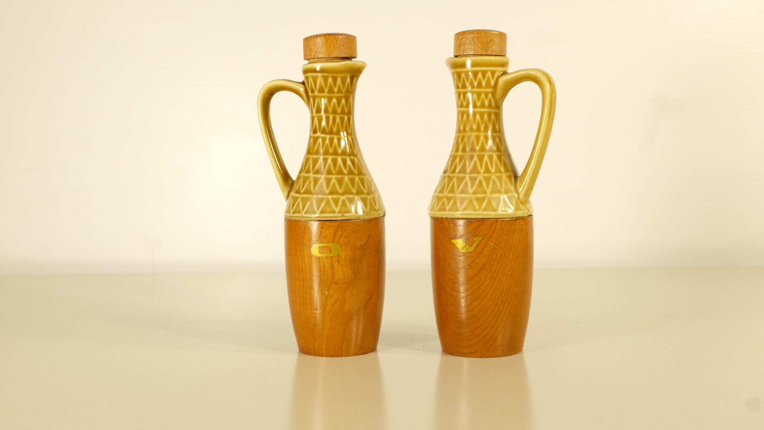 Teak & Stoneware Oil & Vinegar jugs - Function In Form